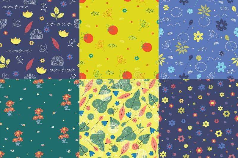 Colorful and Bright Springtime Elements Seamless Pattern Set. Leaves and Flowers Stock ...