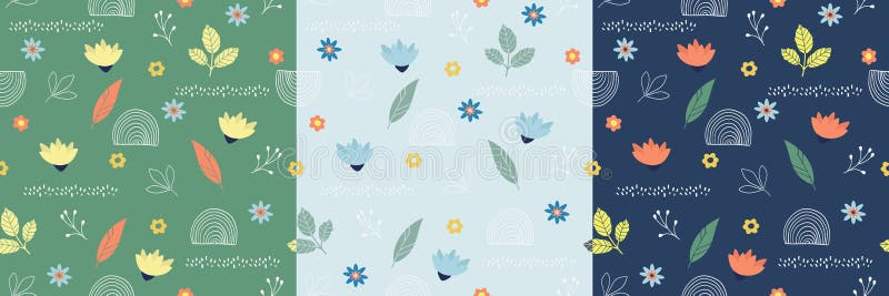 Colorful and Bright Springtime Elements Seamless Pattern Set. Leaves ...