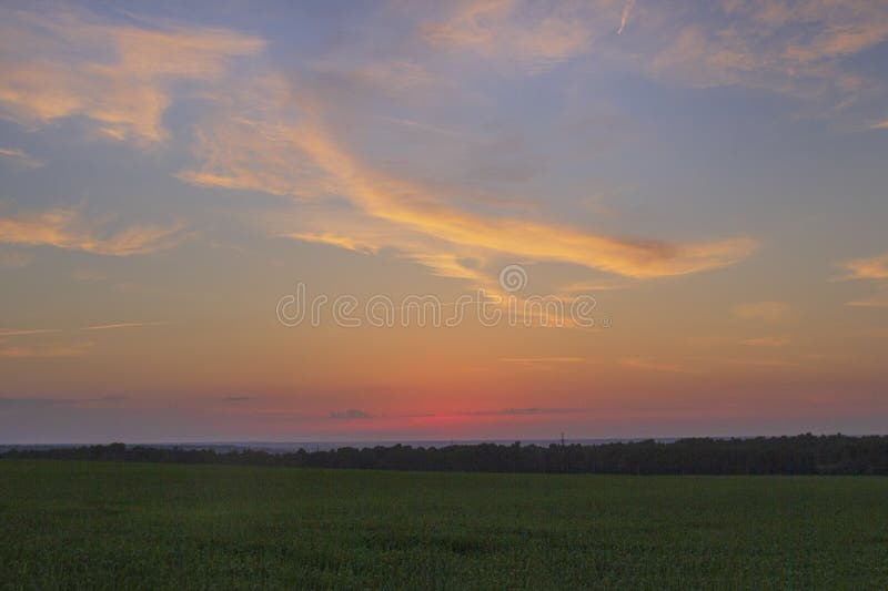 Colorful Bright Sunset in the Field with Clouds. Stock Image - Image of ...