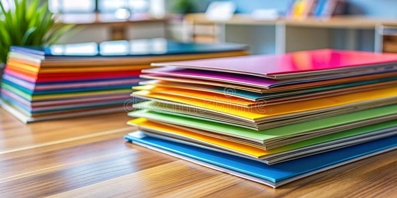 Colorful Brochures Neatly Stacked on a Desk Showcasing Various ...