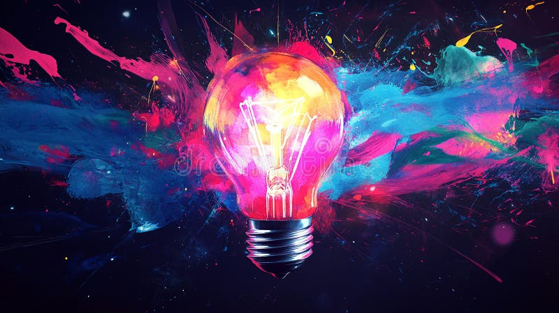 Colorful Brush Strokes and Ink Splash with Bright Light Bulb Effect ...