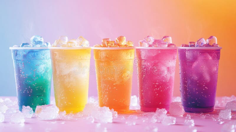 Colorful Bubble Tea Cups with Ice on Vibrant Gradient Background Stock ...