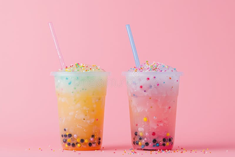 Colorful Bubble Tea Drinks with Sprinkles, Vibrant Flavors, Pink ...