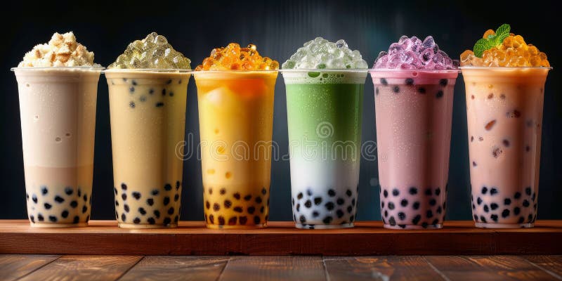 Colorful Bubble Tea Drinks with Tapioca Pearls and Ice in Plastic Cups ...