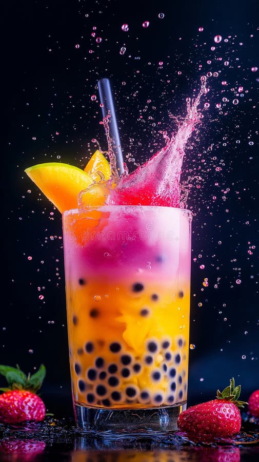 Colorful Bubble Tea with Fresh Fruit Splashing Against Dark Background ...