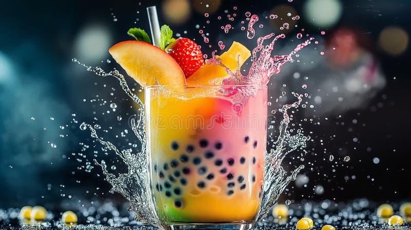 Colorful Bubble Tea with Fresh Fruit Splashing Against Dark Background ...