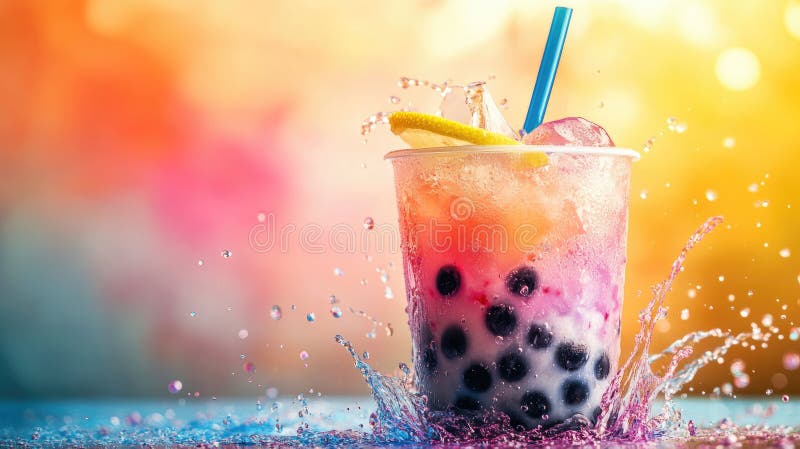 Colorful Bubble Tea with Ice in a Clear Cup with Splashes on a Multi ...