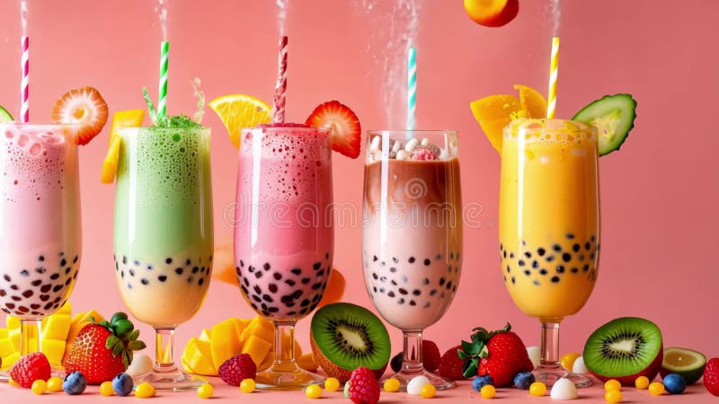 Colorful Bubble Tea Splash with Fresh Fruit and Boba Stock Footage ...