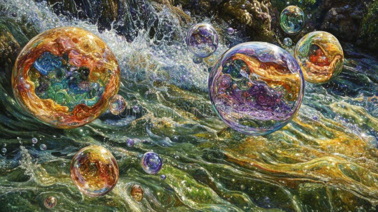 Colorful Bubbles Flowing Down a Sparkling River Stock Illustration ...