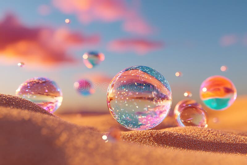 Colorful Bubbles Reflecting Sunset Hues on Sandy Beach during Twilight ...