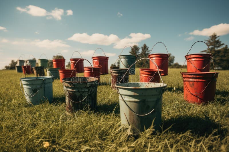 Colorful Buckets Lined Up in Sunlit Field Stock Illustration ...