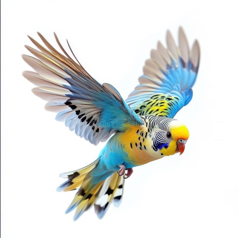 Colorful Budgie in Flight Wings Spread Wide White Background Stock ...