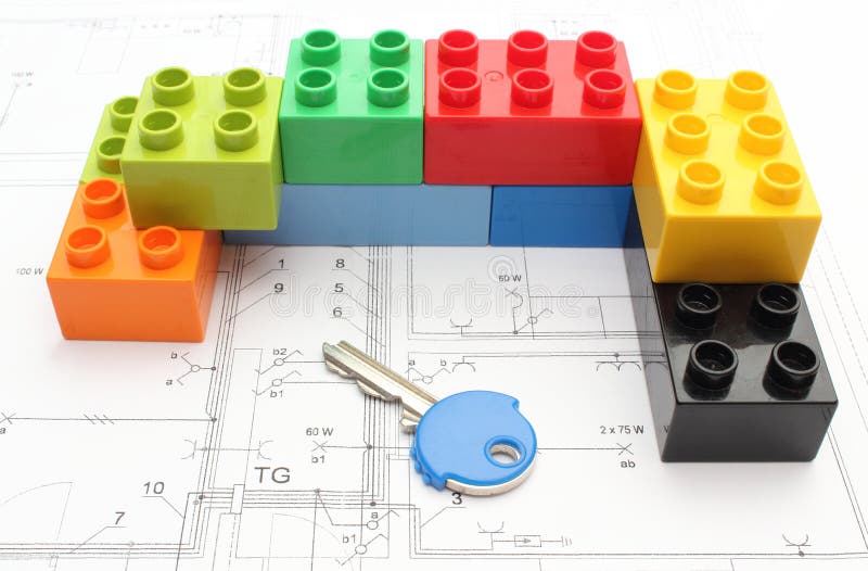 Colorful Building Blocks and Key on Housing Plan Stock Photo - Image of ...