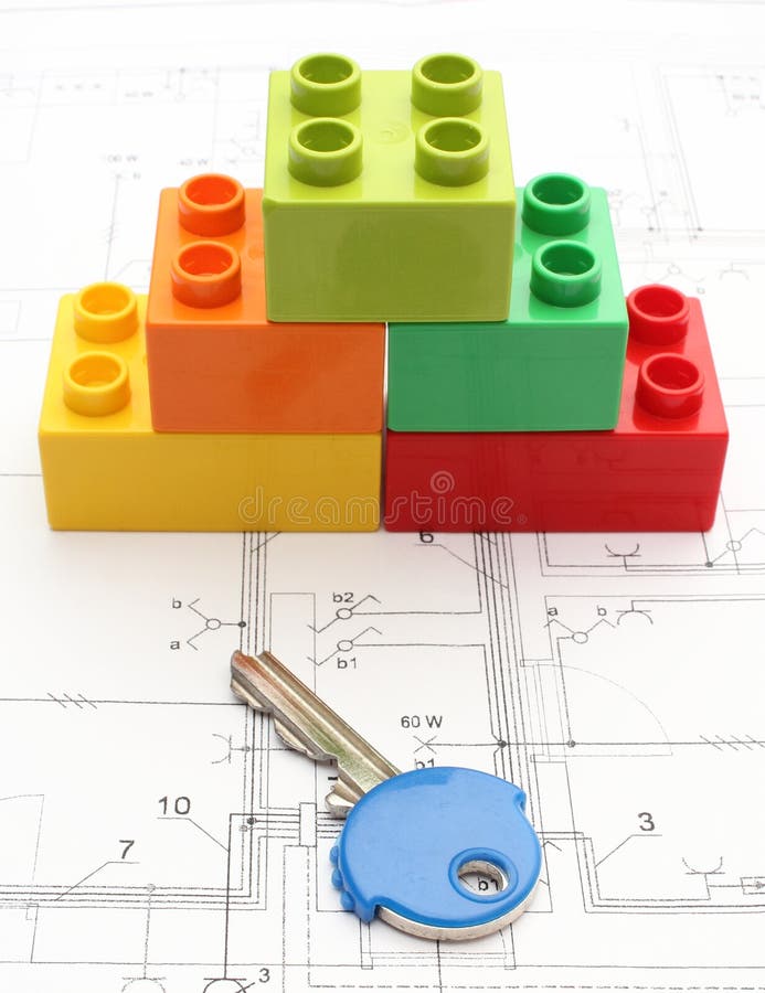 Colorful Building Blocks and Key on Housing Plan Stock Image - Image of ...