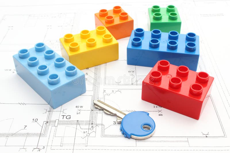 Colorful Building Blocks and Key on Housing Plan Stock Image - Image of ...