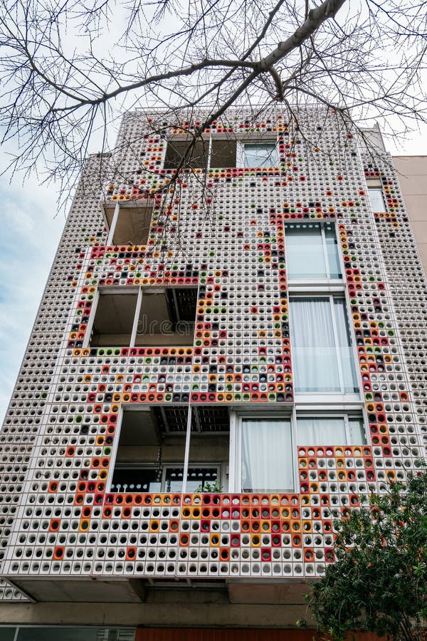 Colorful Building Facade with Decorative Ceramic Tiles and Windows ...