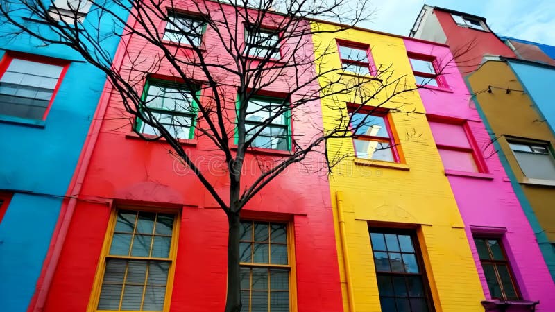 A Colorful Building with a Tree in Front of it Stock Footage - Video of ...