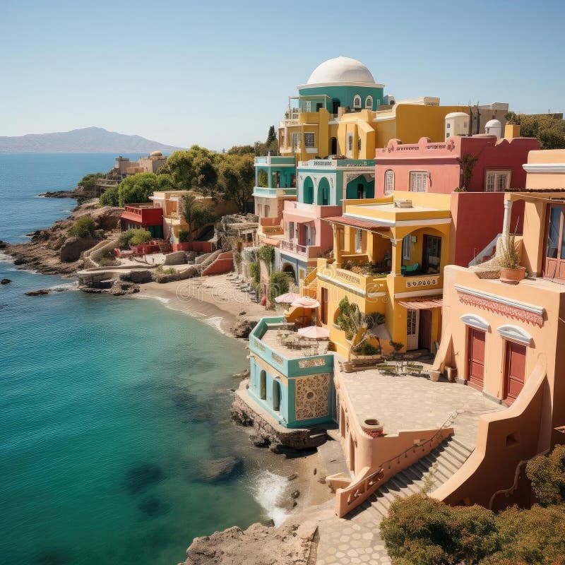 Colorful Buildings Overlooking Ocean in Crete Stock Illustration ...