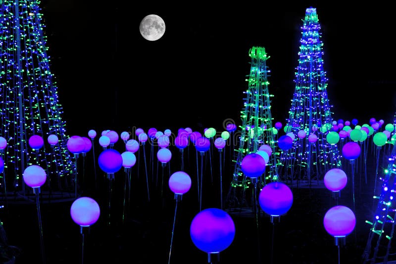 Colorful Bulbs and Strings of Lights Under the Moon - Modern Light Show ...
