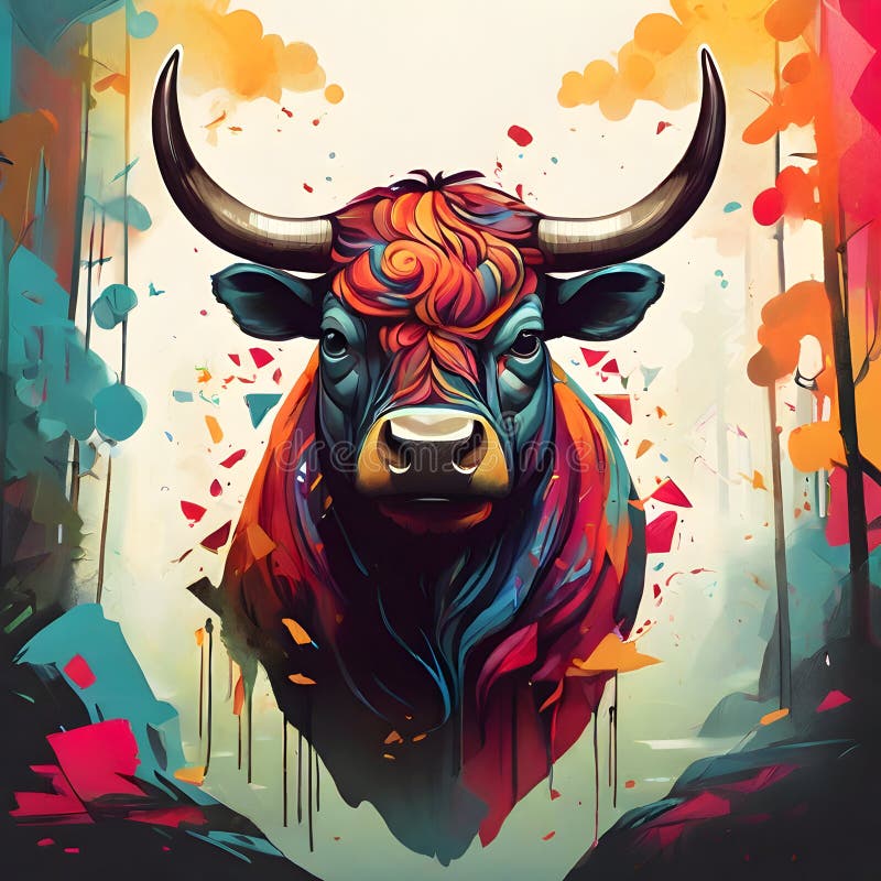 Colorful Bull Head with Colorful Forest Theme Stock Photo - Image of ...