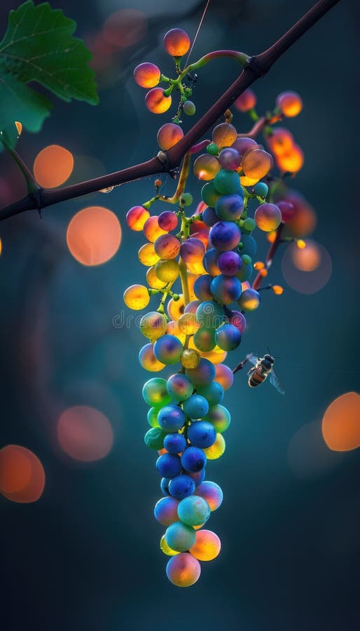 Colorful Bunch of Grapes with a Bee Hovering Under Soft Evening Lights ...