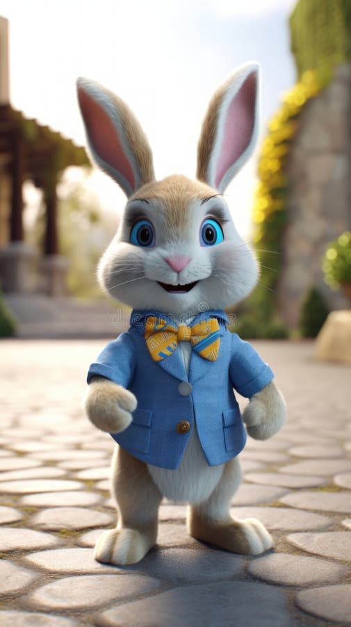 Colorful Bunny with Blue and Yellow Bowtie in Animated Style . Stock ...