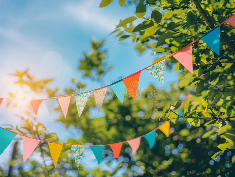 Colorful Bunting Flags Hanging in a Summery Tree Stock Illustration ...
