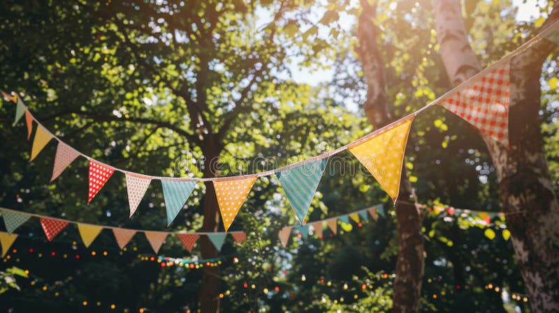 Colorful Bunting Flags Hanging between Trees in a Summery Setting Stock ...