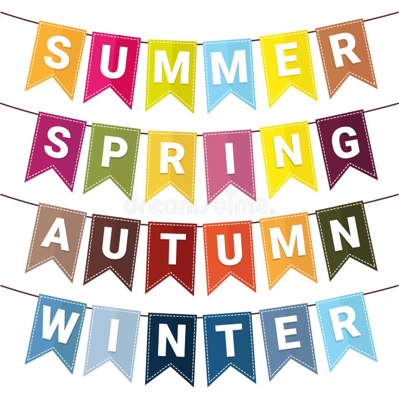 Colorful Bunting Flags with Summer, Spring, Autumn and Winter Letters ...