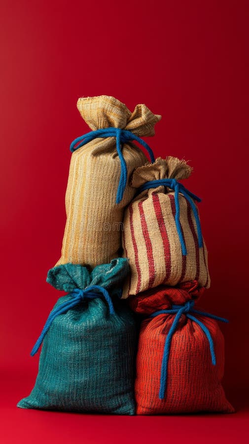 Colorful Burlap Sacks Stacked on Red Background Stock Photo - Image of ...