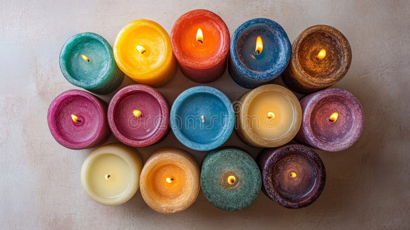 Colorful Burning Candles Arranged on a Surface. Stock Image - Image of ...