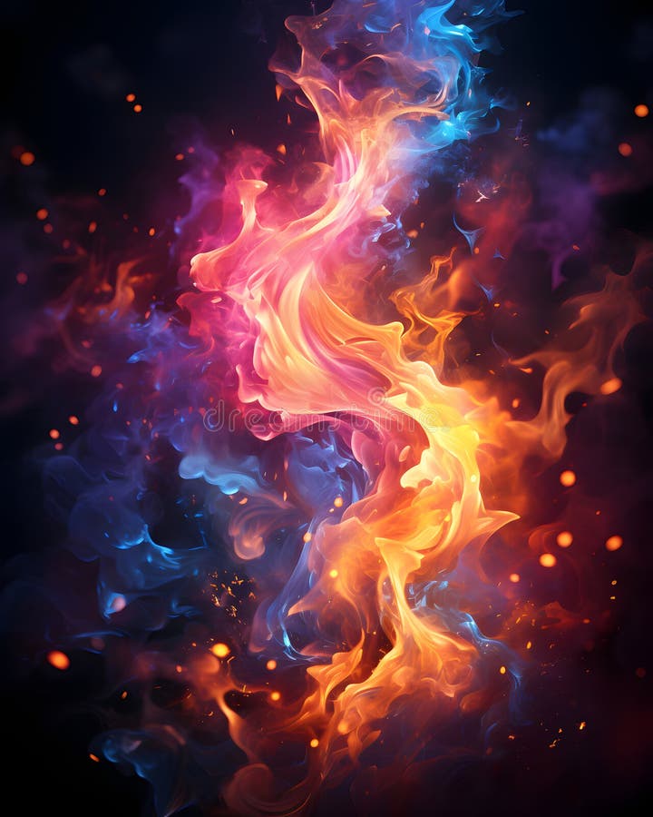 Colorful Burning Fire Flames on Black Background. Multicolored Smoke ...