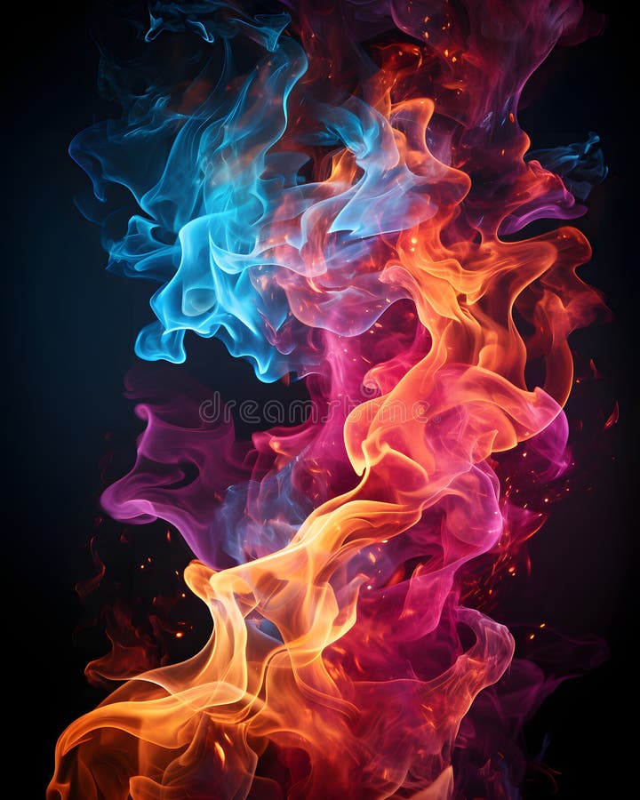 Colorful Burning Fire Flames on Black Background. Multicolored Smoke ...