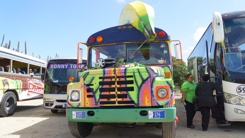 Colorful Bus Coach in Aruba Editorial Photo - Image of summer, sand ...