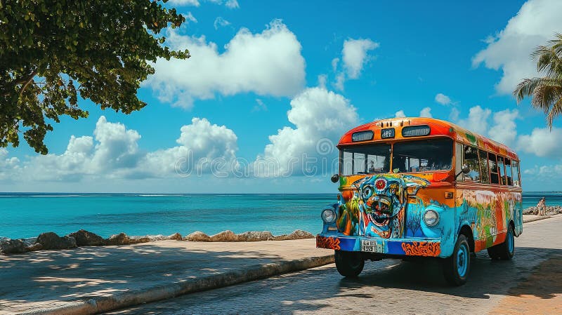 Colorful Bus on Tropical Beach Road Stock Illustration - Illustration ...