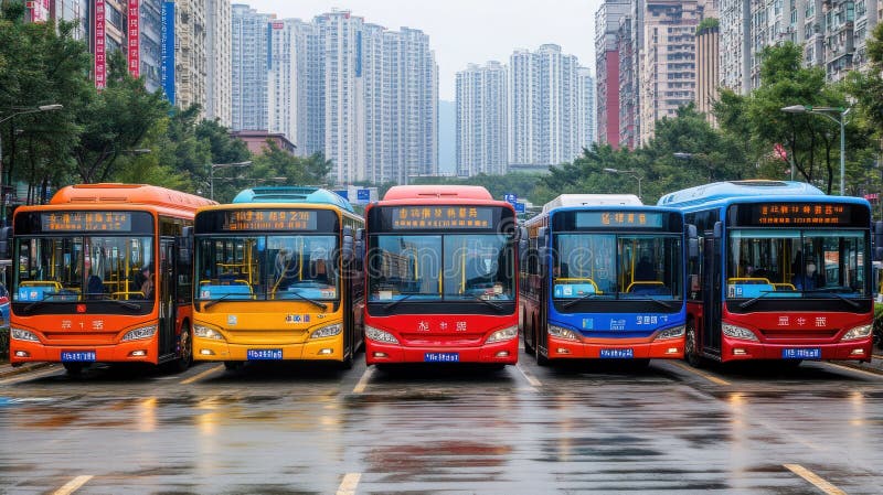 Colorful Buses Lined Up at a City Bus Stop Stock Illustration ...