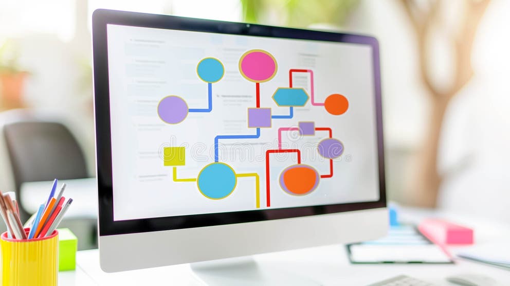 Colorful Business Flow Chart on Computer Screen Stock Illustration ...