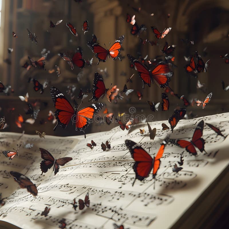 Colorful Butterflies Fluttering Around a Music Sheet Stock Illustration ...