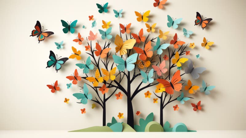 Colorful Butterflies Flying Around a Tree with Butterflies on it Stock ...