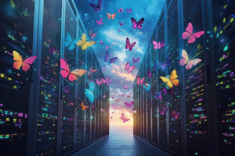 Colorful Butterflies Flying through Server Room at Sunset, a Surreal ...