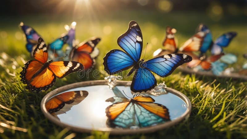 Magical Butterfly Reflection in Summer Meadow Stock Illustration ...