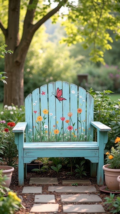 Colorful Butterfly and Flower Painted Chair in Lush Garden Setting ...