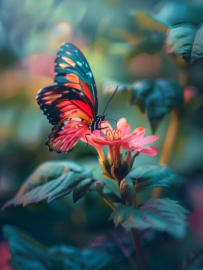 Colorful Butterfly Perched on a Pink Flower, AI-generated. Stock ...