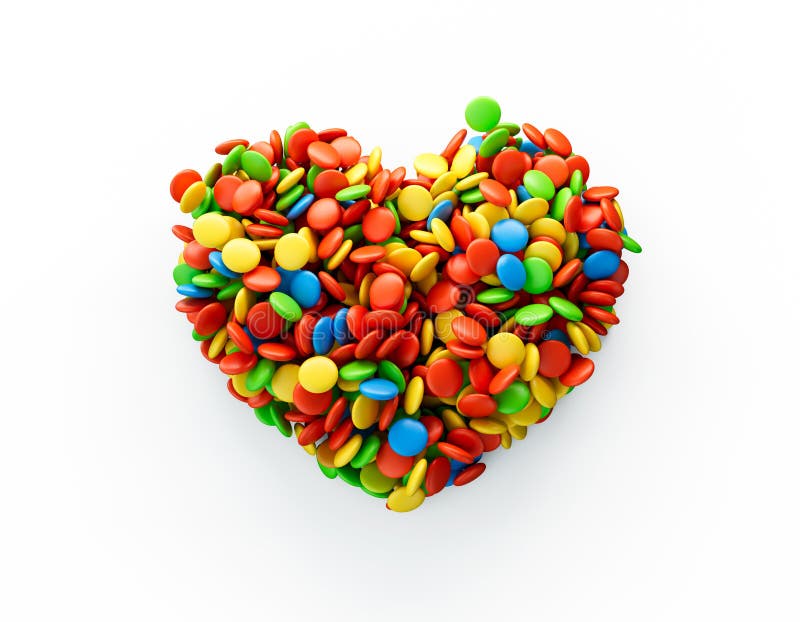 Colorful Button Candies Heart Shape on White Background. Top View 3d ...