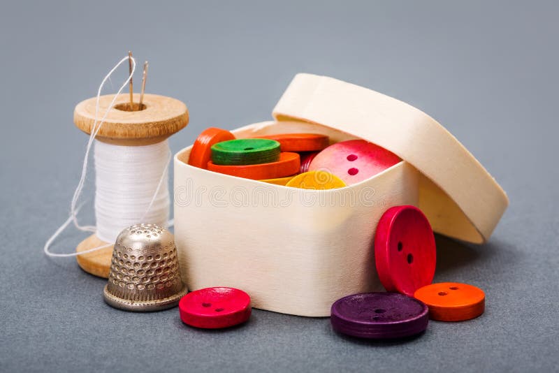 Colorful Buttons in Wooden Box Stock Photo - Image of sewing, craft ...