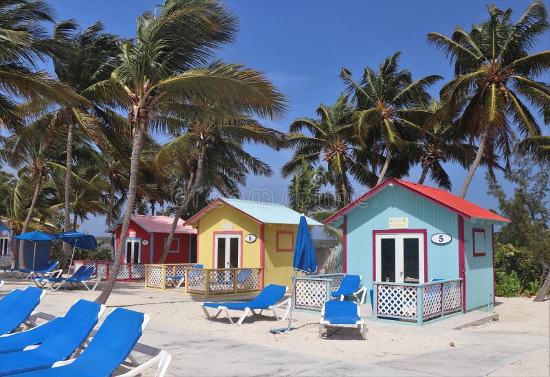 Colorful Cabanas and Lounge Chairs on the Beach in Princess Cays Stock ...