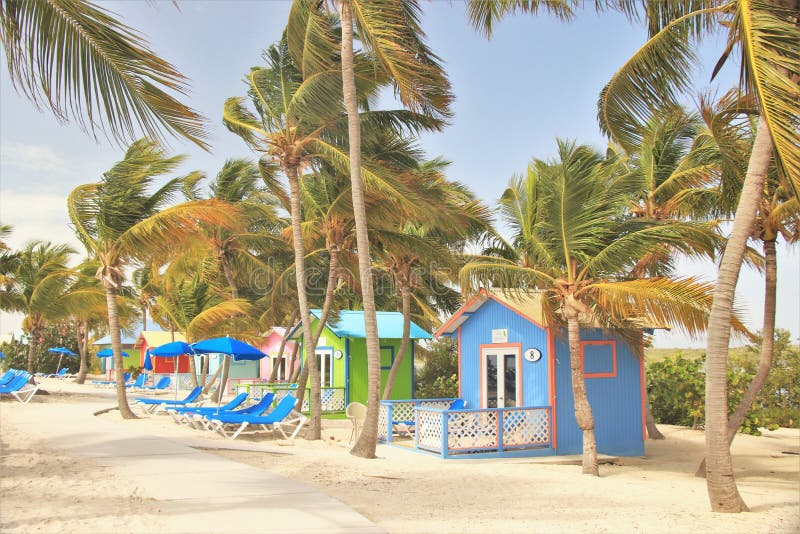 Colorful Cabanas and Lounge Chairs on the Beach in Princess Cays Stock ...