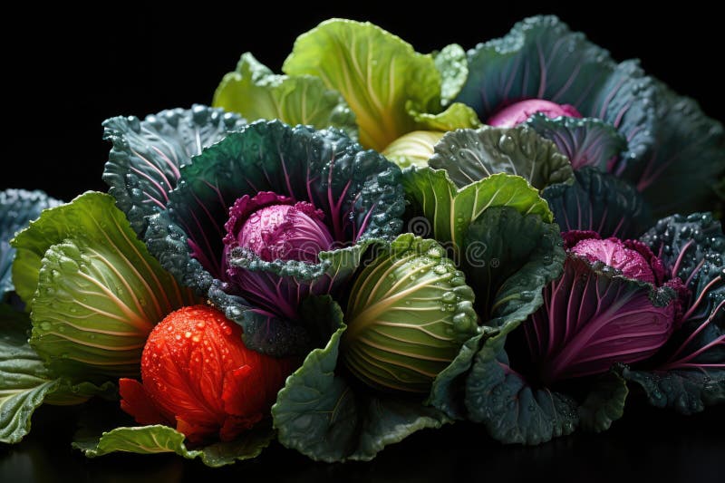 Colorful Cabbage Cabins and Green Leaves on Gray Back Stock ...