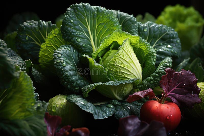 Colorful Cabbage Cabins and Green Leaves on Gray Back Stock ...