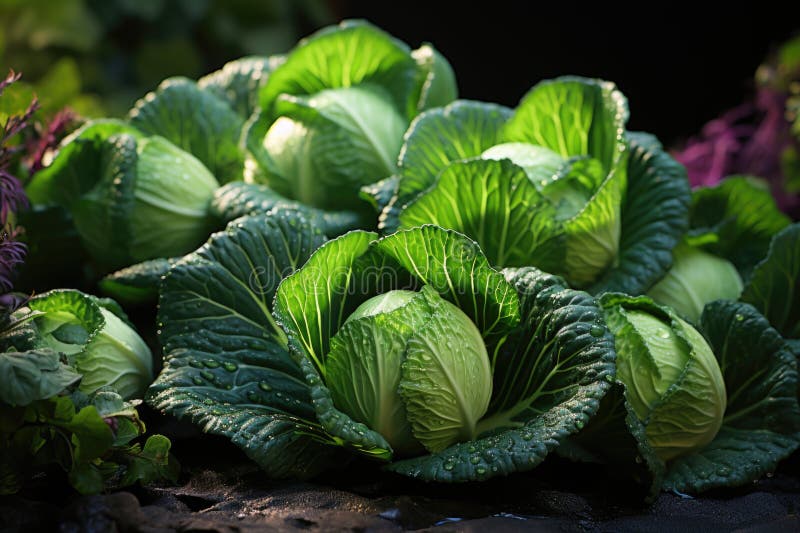 Colorful Cabbage Cabins and Green Leaves on Gray Back Stock ...